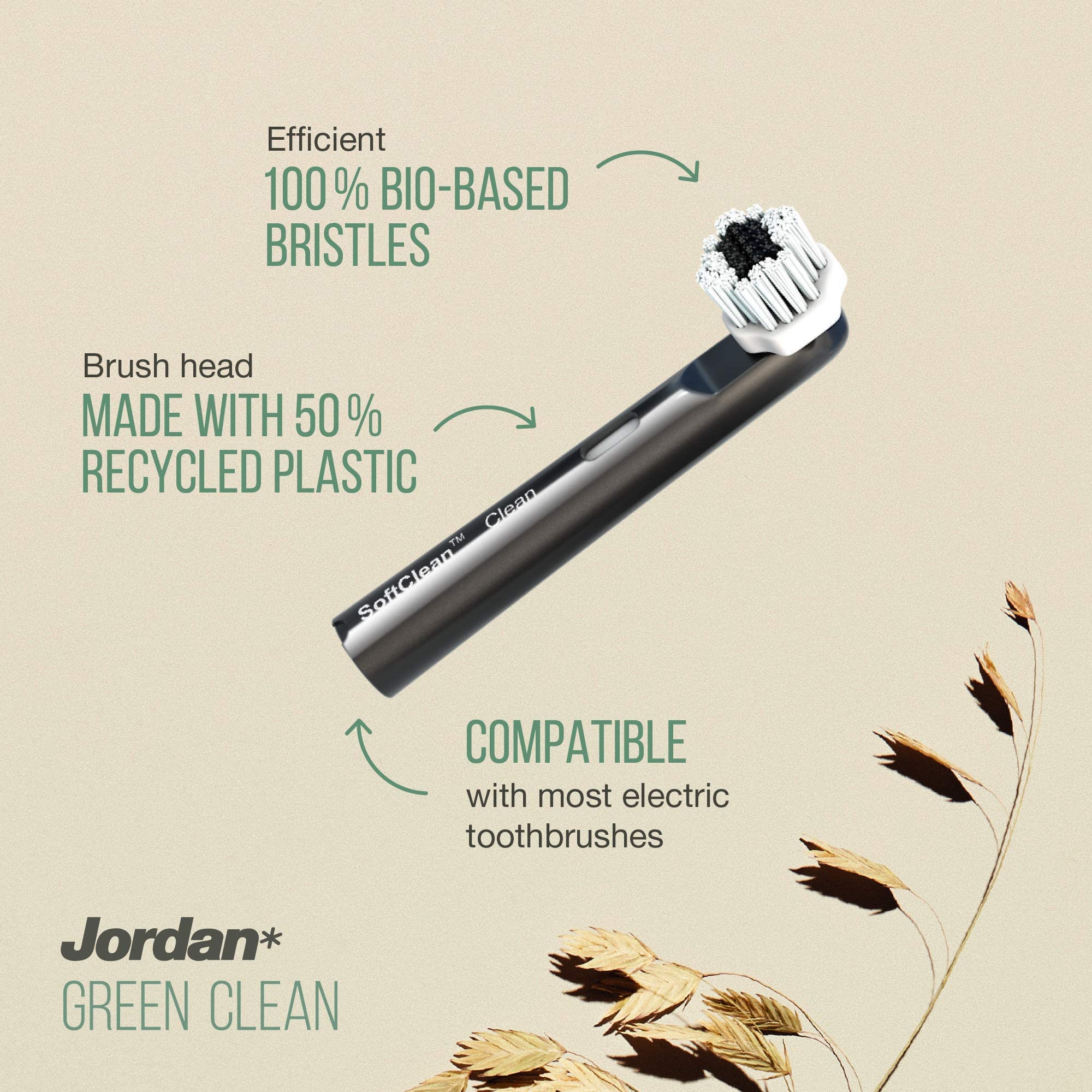 Jordan ® | Clean Smile Electric Toothbrush for Adults + Green Clean Electric Toothbrush sustainable refills x 4 units | Quick Charge, Long-Lasting Battery, Pressure Sensor, 2 Speed Modes | Black Color