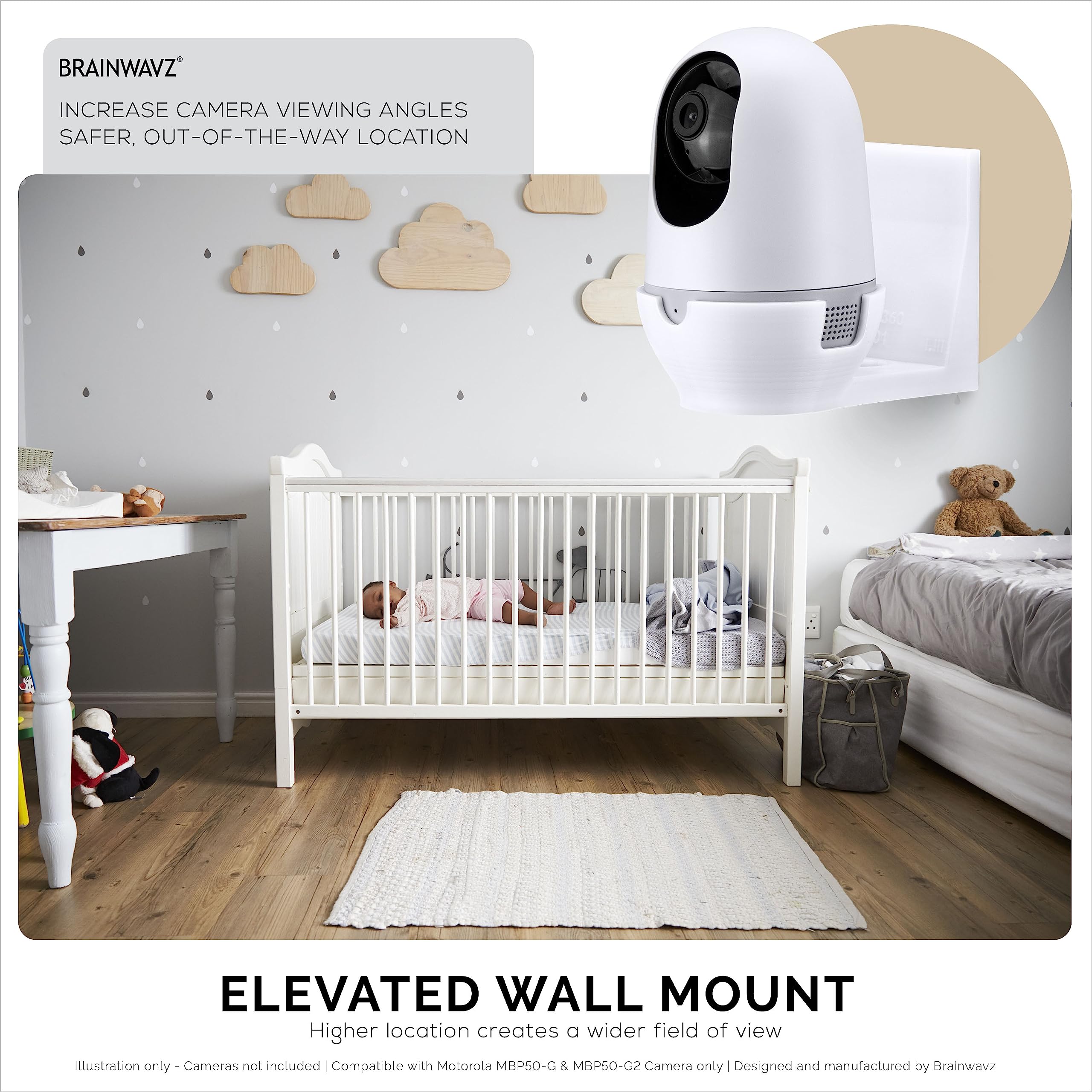 Adhesive Wall Mount for Nooie Cam 360 Baby Monitor Camera Shelf Holder, Easy to Install, No Tools Needed, No Mess, No Drilling, Strong Mount, White by Brainwavz