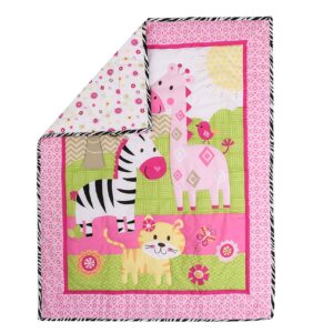 4 PCs Pink Animal Safari Nursery Crib Bedding Set 1 Quilt 1 Fitted Sheet 1 Skirt 1 Diaper Storage Bag