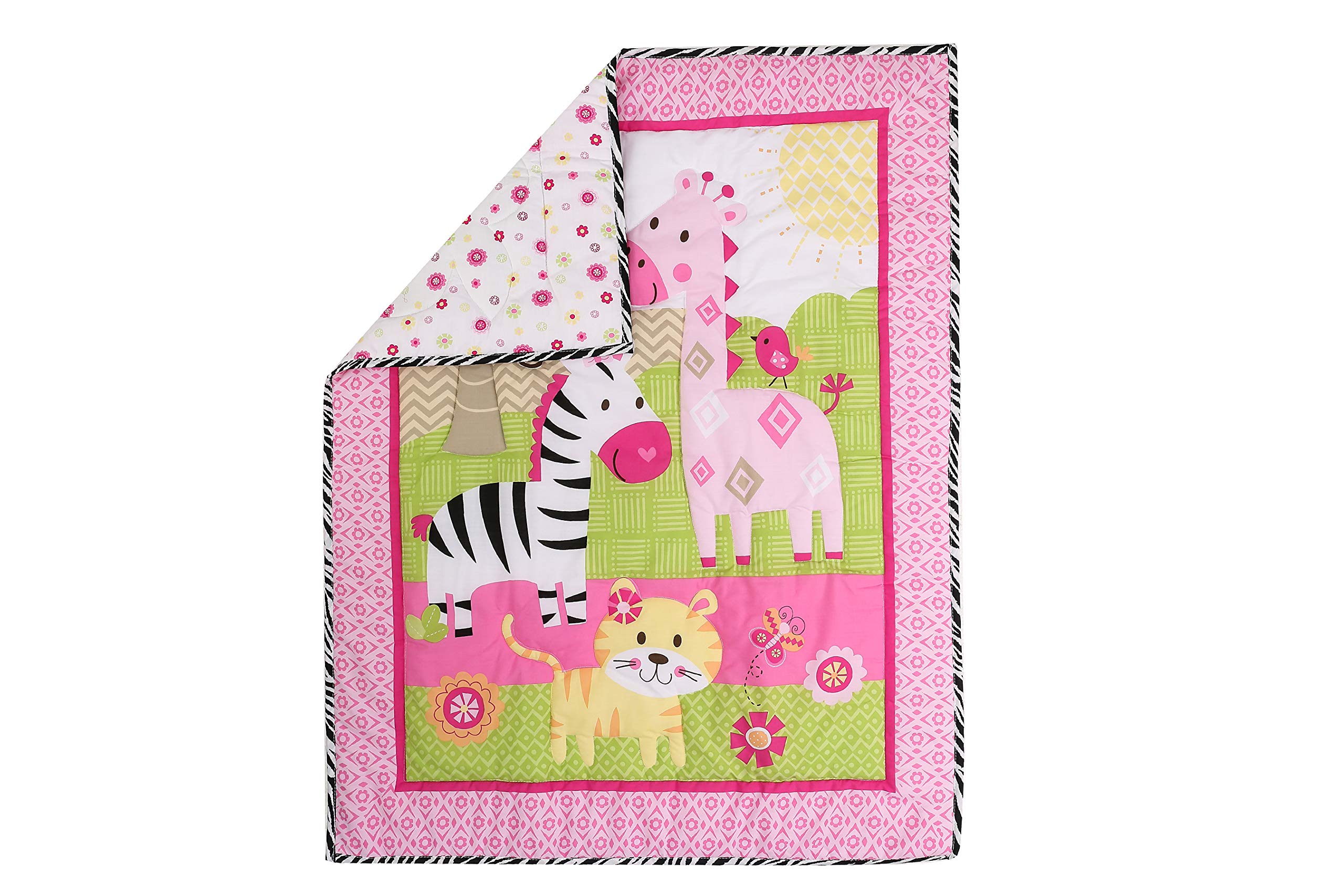 4 PCs Pink Animal Safari Nursery Crib Bedding Set 1 Quilt 1 Fitted Sheet 1 Skirt 1 Diaper Storage Bag