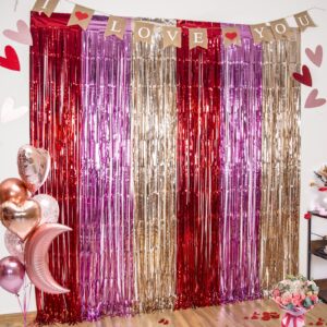 lolstar 3 pack valentine's day photo booth props valentines day party decorations 3.3x6.6 ft red pink and champagne gold foil fringe curtains backdrop streamers for valentine's day decor