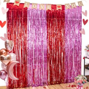 lolstar 3 pack valentines foil fringe curtains valentine's day party decorations 3.3x6.6 ft red pink tinsel material curtain photo backdrop streamer backdrop for valentines day decor birthday wedding