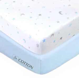 american baby company 2 pack fitted crib sheets 28" x 52", soft breathable neutral 100% cotton jersey sheet, blue stars and blue, for boys and girls, fits crib and toddler bed mattresses