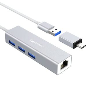 usb 3.0 hub with gigabit ethernet adapter,vemont aluminum usb 3.0 to 1000m lan port & 3 usb 3.0 ports,usb splitter with type c adapter compatible for mac, chromebook,surface,and other pc/laptop