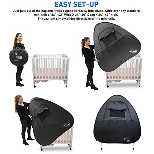 ZZZ Mini Crib Sleeping Canopy Cover Instant Tent – Great at Home and Travelling - Compatible with Dream On Me, Delta, Davinci & Graco Travel Crib & Others… Portable and Patented - Black