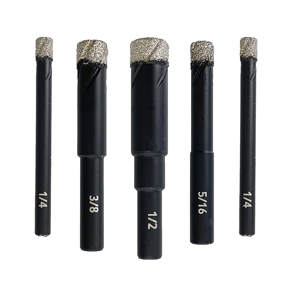 GUSHI Diamond Drill Bits Set-5pcs Dry Core Drill Bit Kit Round Shank Fixed, Vacuum Brazed Hole Saw for Granite Marble Tile Ceramic Stone