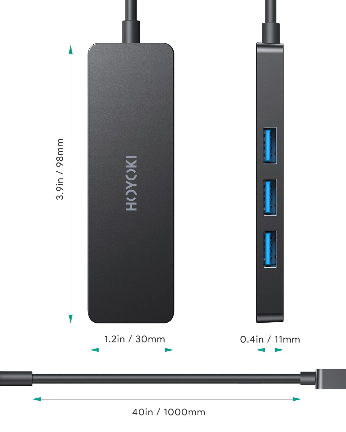 4 Port USB Hub 3.0, HOYOKI USB Splitter for Laptop,Ultra Slim Data USB Hub with 3.3ft Extended Cable, USB Hub Compatible with MacOS/Windows Laptop, PC, PS4, Flash Drive, Mouse, Keyboard, Printer, HDD