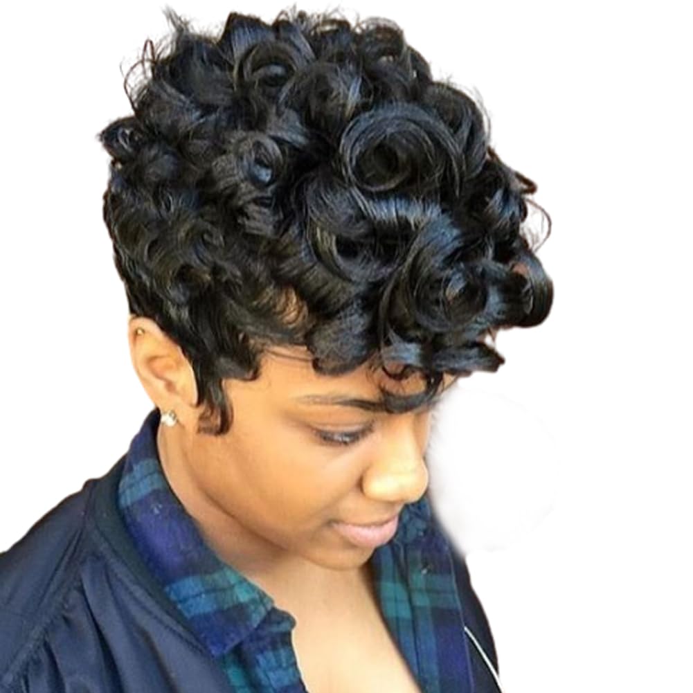 Natural Black Short Pixie Cut Wigs for Black Women Curly Hair Wigs Replacement Short Black Layered Pixie Wigs With Bangs Wigs for Black Women (Natural Black)