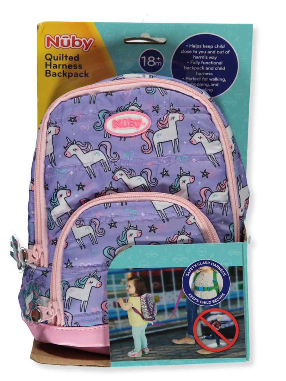 Nuby Quilted Mini Backpack with Safety Harness and Detachable Tether, Unicorn