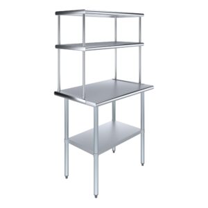 24" x 36" stainless steel work table with 18" wide double tier overshelf | metal kitchen prep table & shelving combo