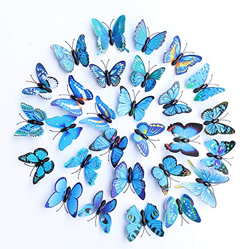 100 Pcs 3D Butterfly Wall Decor Removable Butterfly Wall Stickers Magnets for DIY Kids Nursery, Girl Room Decor, TV Wall, Wedding, Birthday Decor (Blue)