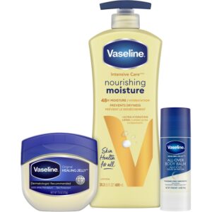 vaseline intensive care essential healing body lotion, 20.3 oz, bundled with petroleum jelly original, 7.5oz, and all-over body balm stick, 1.4 oz - pack of 3, moisturizing skin care