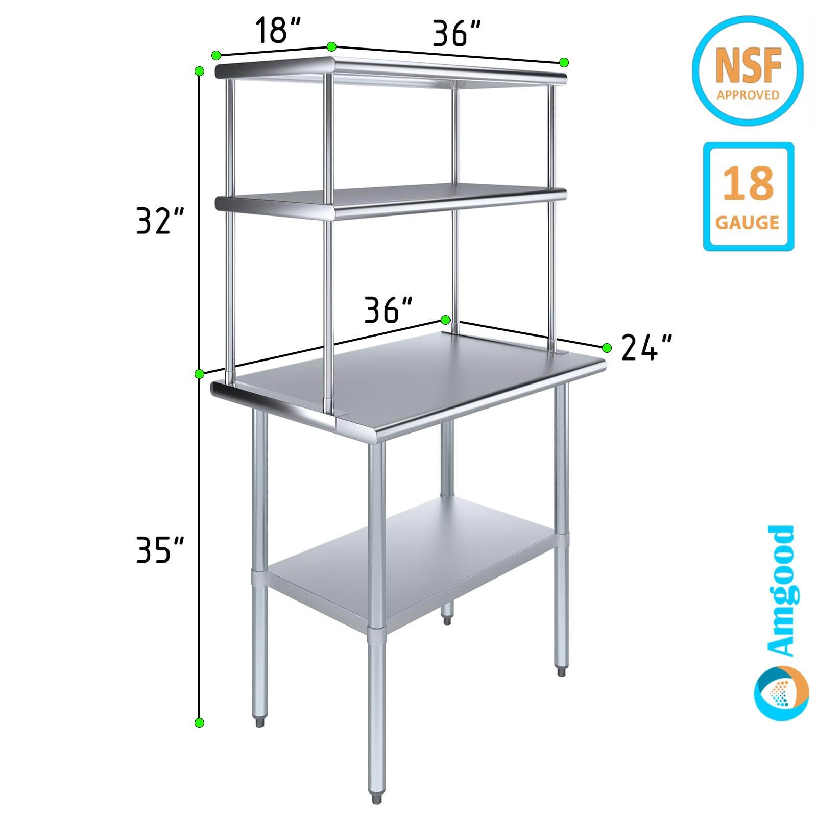 24" x 36" Stainless Steel Work Table with 18" Wide Double Tier Overshelf | Metal Kitchen Prep Table & Shelving Combo