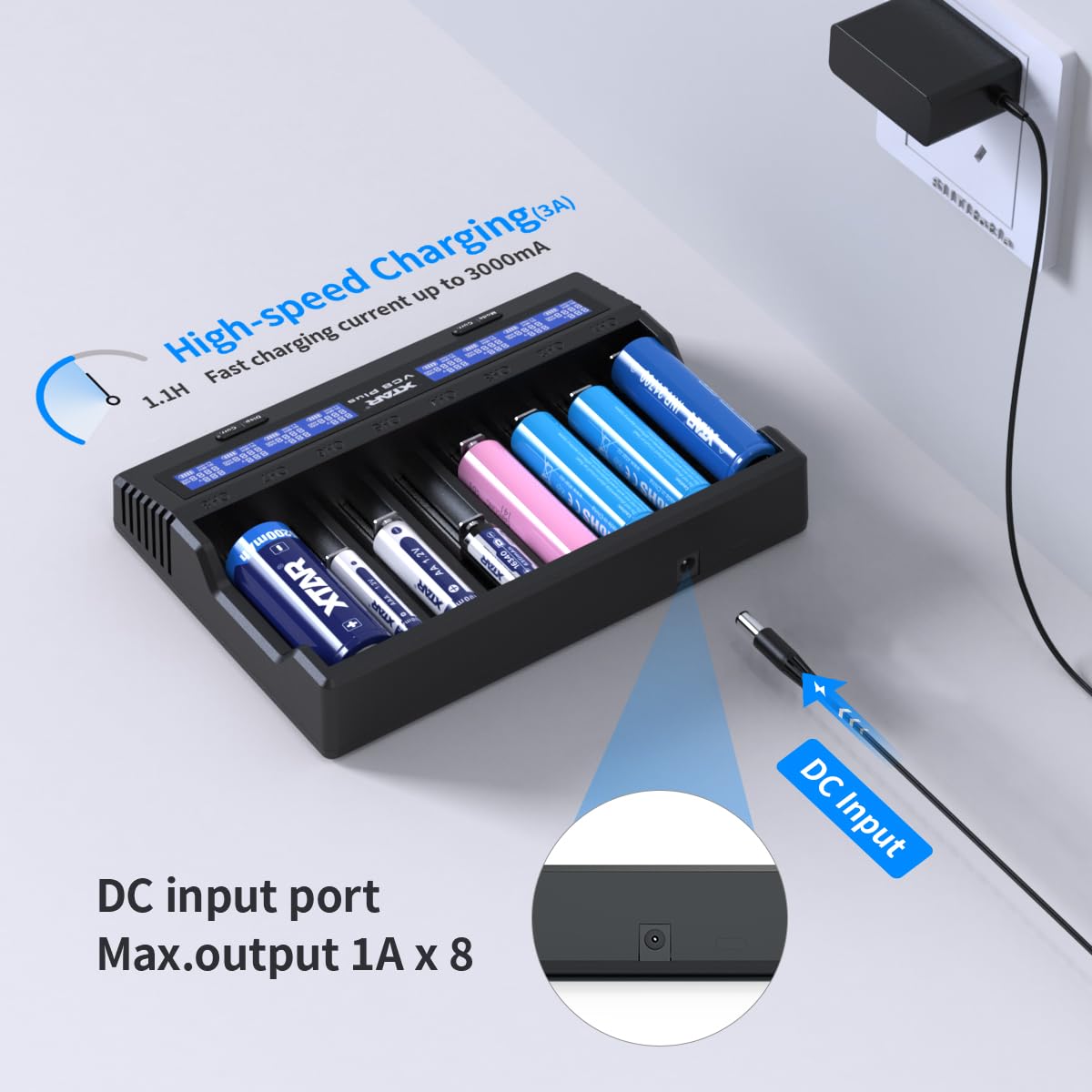 XTAR VC8 Plus Fast LCD Display Rechargeable Battery Charger with DC36W Adapter max 3A 1 Slots/8 Slots 1A Fast Charge 10400 14500 18650 20700 21700 26650 or 1.2V Ni-MH Ni-Cd AA AAA