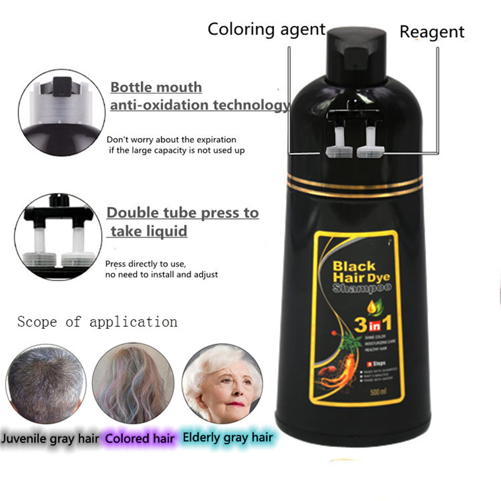 Baguri black hair dye shampoo 3 in 1 women ,herbal hair dye shampoo 3 in 1,10 mins herbal hair darkening shampoo,500ml natural 10 mins herbal hair darkening shampoo (Black)