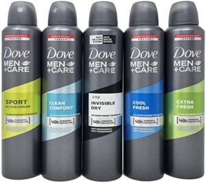 dove men + care antiperspirant spray variety set, sport, clean comfort, invisible dry, cool fresh and extra fresh scents, 8.45 ounce, 5 count