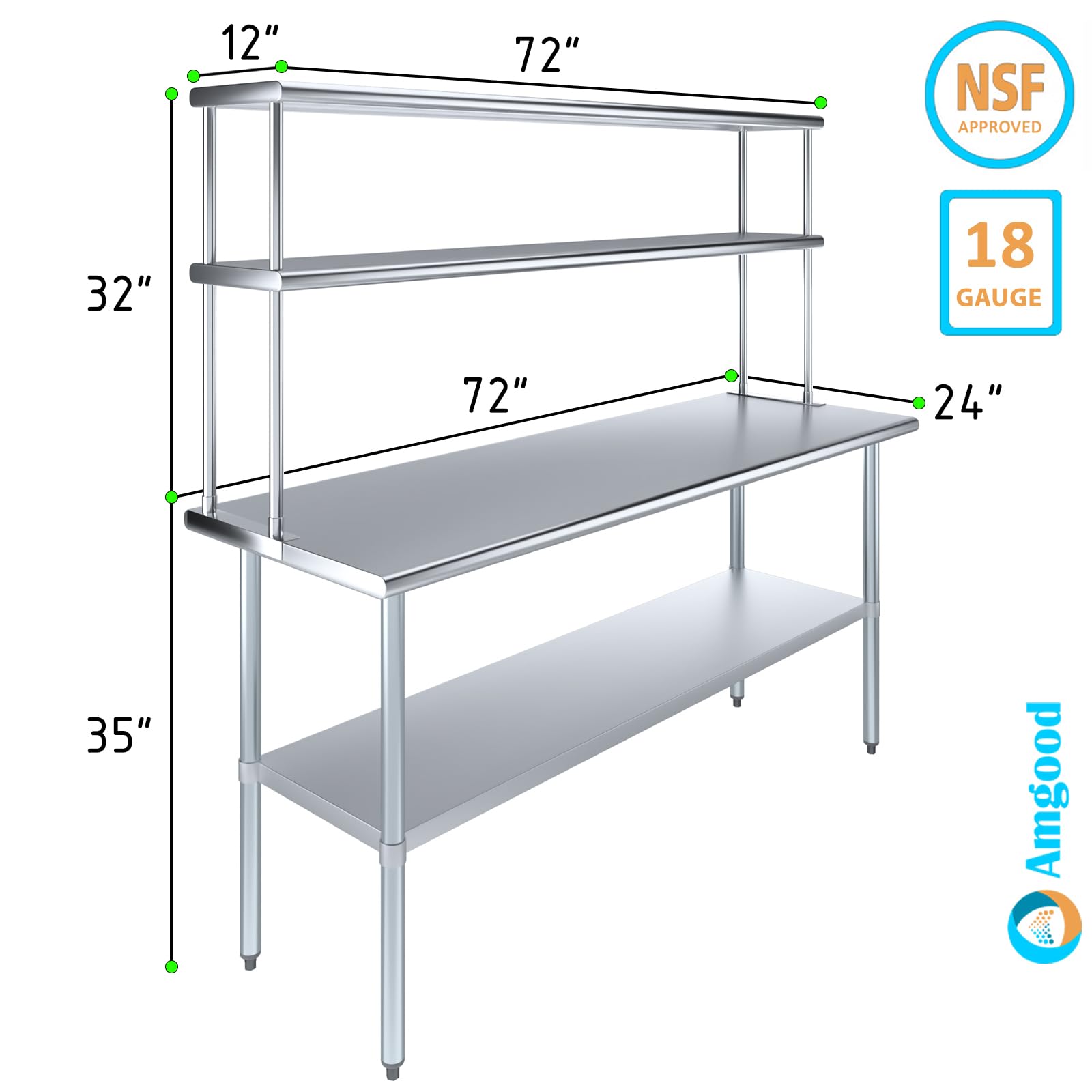 24" x 72" Stainless Steel Work Table with 12" Wide Double Tier Overshelf | Metal Kitchen Prep Table & Shelving Combo