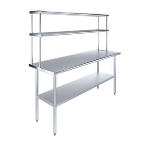 24" x 72" stainless steel work table with 12" wide double tier overshelf | metal kitchen prep table & shelving combo