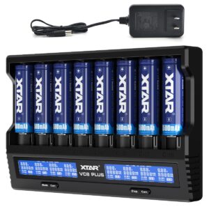 xtar vc8 plus fast lcd display rechargeable battery charger with dc36w adapter max 3a 1 slots/8 slots 1a fast charge 10400 14500 18650 20700 21700 26650 or 1.2v ni-mh ni-cd aa aaa