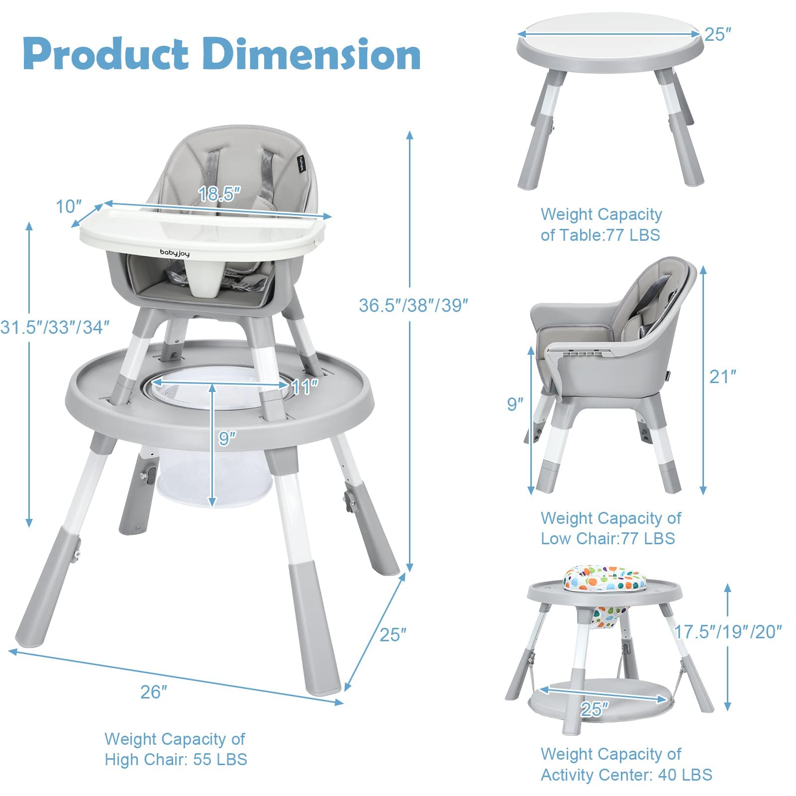 BABY JOY 7 in 1 Baby High Chair, Convertible Infant Feeding Chair w/Removable Tray, Adjustable Legs & Storage Basket, Toddler Building Block Table/Kids Table & Chair Set, Gray