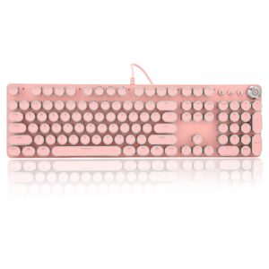 pink gaming keyboard, round keycaps mechanical keyboard, retro punk typewriter keyboard, pink and white backlight, usb wired, for computer(pink punk)