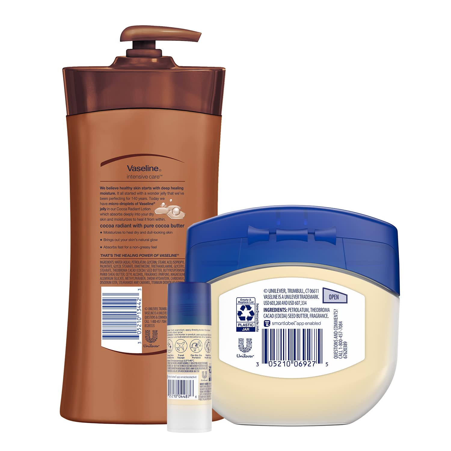 Vaseline Intensive Care Cocoa Radiant Lotion, 20.3 oz Bundled with Moisturizing Healing Jelly Butter, 7.5 and Shimmer Stick, 1.4 oz, Moisturized Skin Light Butter Scent