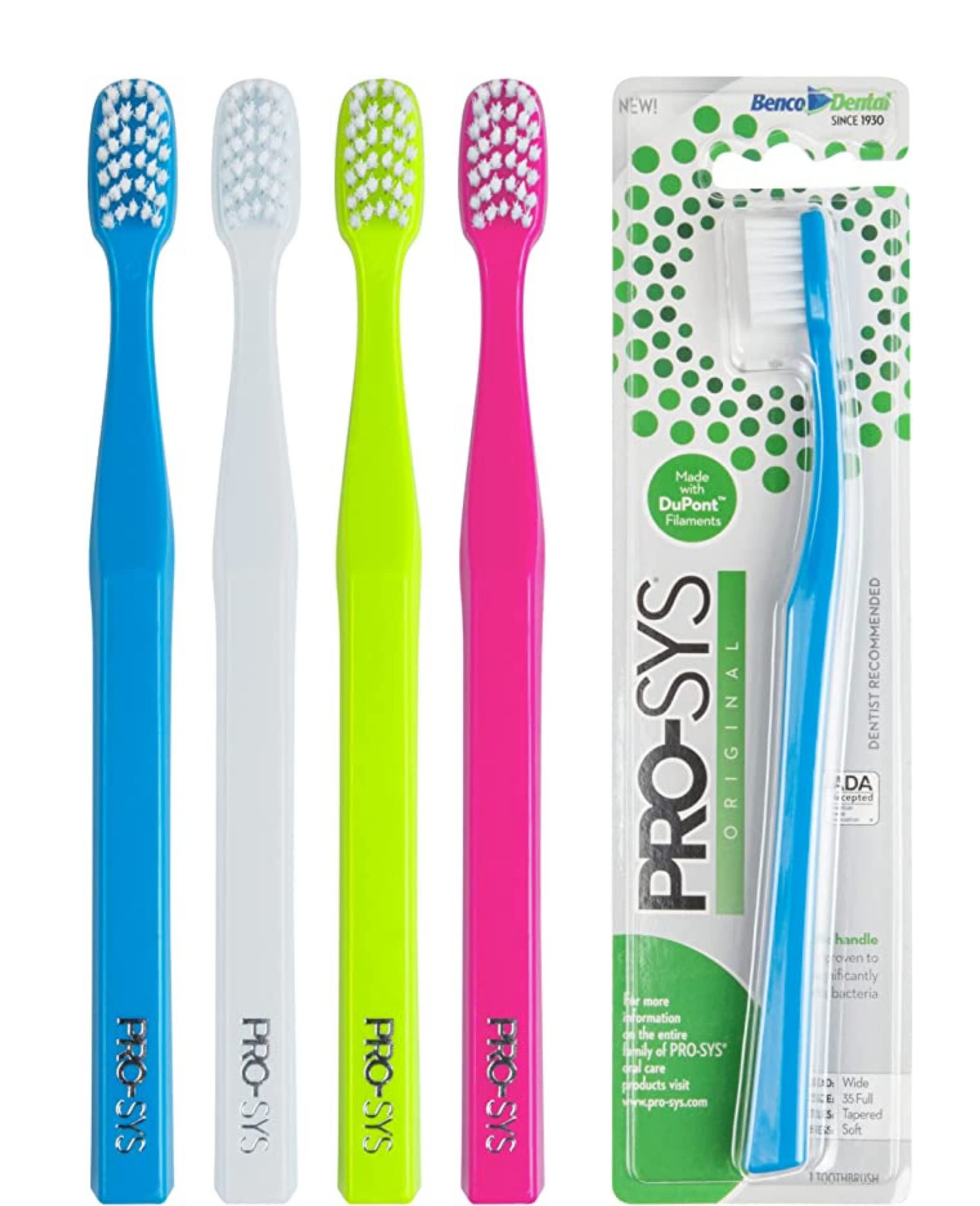 PRO-SYS® Soft Toothbrush for Adult with Sensitive Teeth & Gums, ADA Accepted, with 35-Tuft Wide Dupont® Tynex® Bristles, Pack of 4