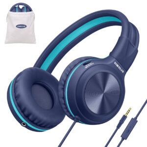 simolio wired kids headphones for school with microphone, volume limiting & noise cancelling pc headset with cord, plug in headphones for tablet, headphones with cord for laptop (navy blue)