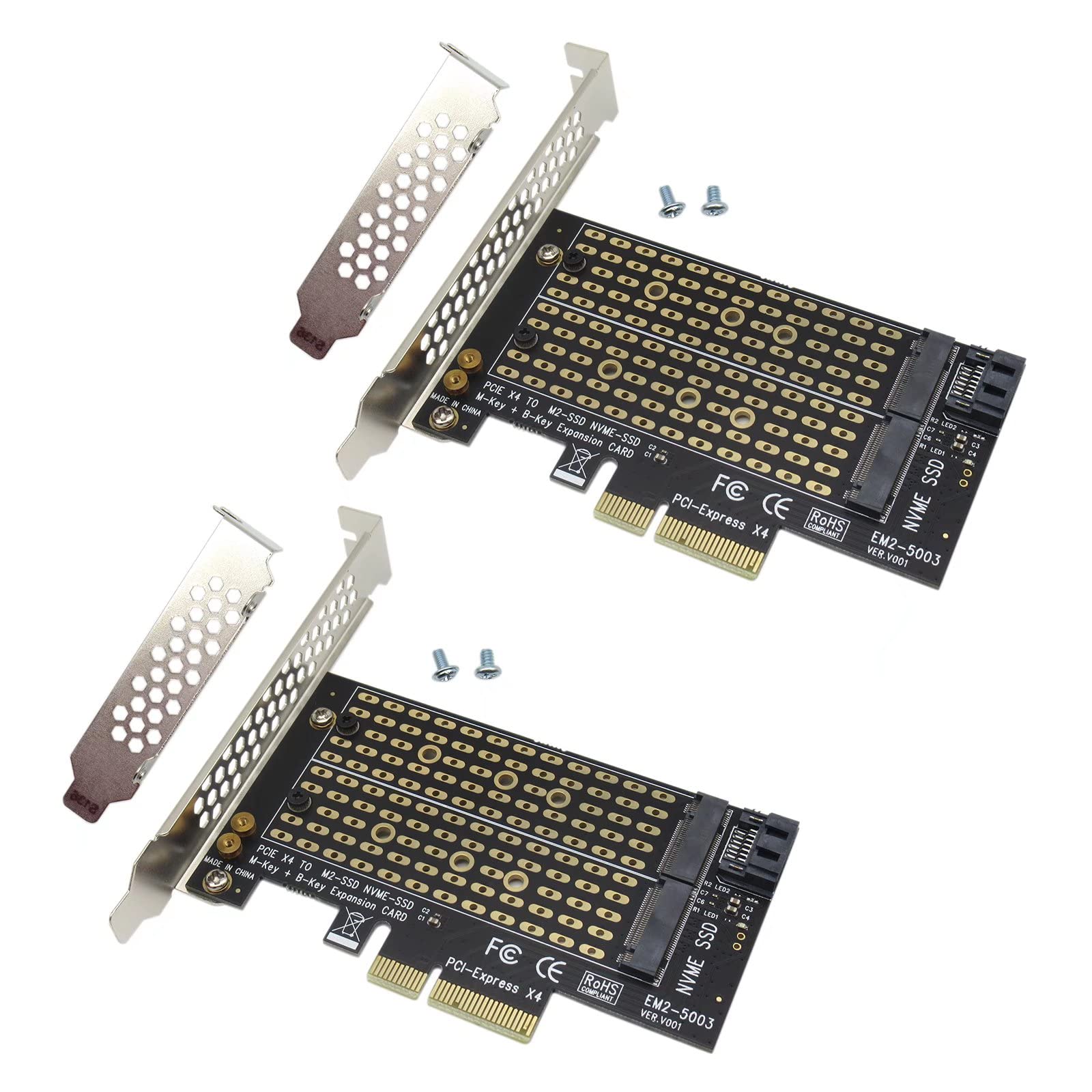 2x M.2 to PCIe NVMe and SATA SSD Dual M Key and/or B Key Adapter Card 2242 2260 2280 M2 Drive to Desktop PCI Express x4 x8 x16 Slot, Includes Brackets