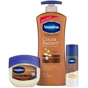 vaseline intensive care cocoa radiant lotion, 20.3 oz bundled with moisturizing healing jelly butter, 7.5 and shimmer stick, 1.4 oz, moisturized skin light butter scent