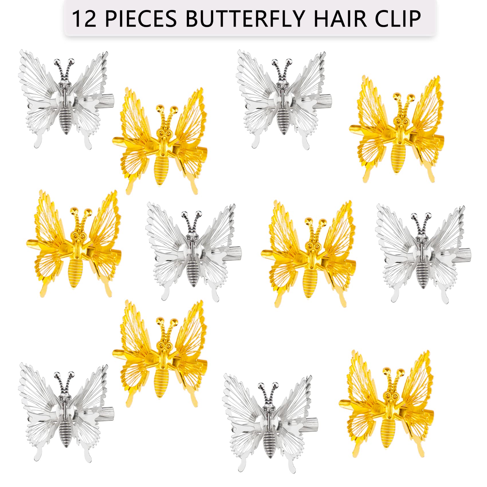 12 Pieces 3D Moving Hair Accessories - Butterfly Barrettes, Clamps, Pins, and Claw Clips in Gold and Silver for Women and Girls