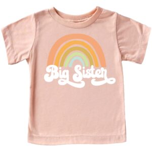 retro rainbow big sister sibling reveal announcement shirt for baby and toddler girls sibling outfits white on peach shirt 3t