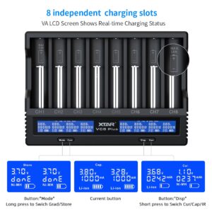 XTAR VC8 Plus Fast LCD Display Rechargeable Battery Charger with DC36W Adapter max 3A 1 Slots/8 Slots 1A Fast Charge 10400 14500 18650 20700 21700 26650 or 1.2V Ni-MH Ni-Cd AA AAA