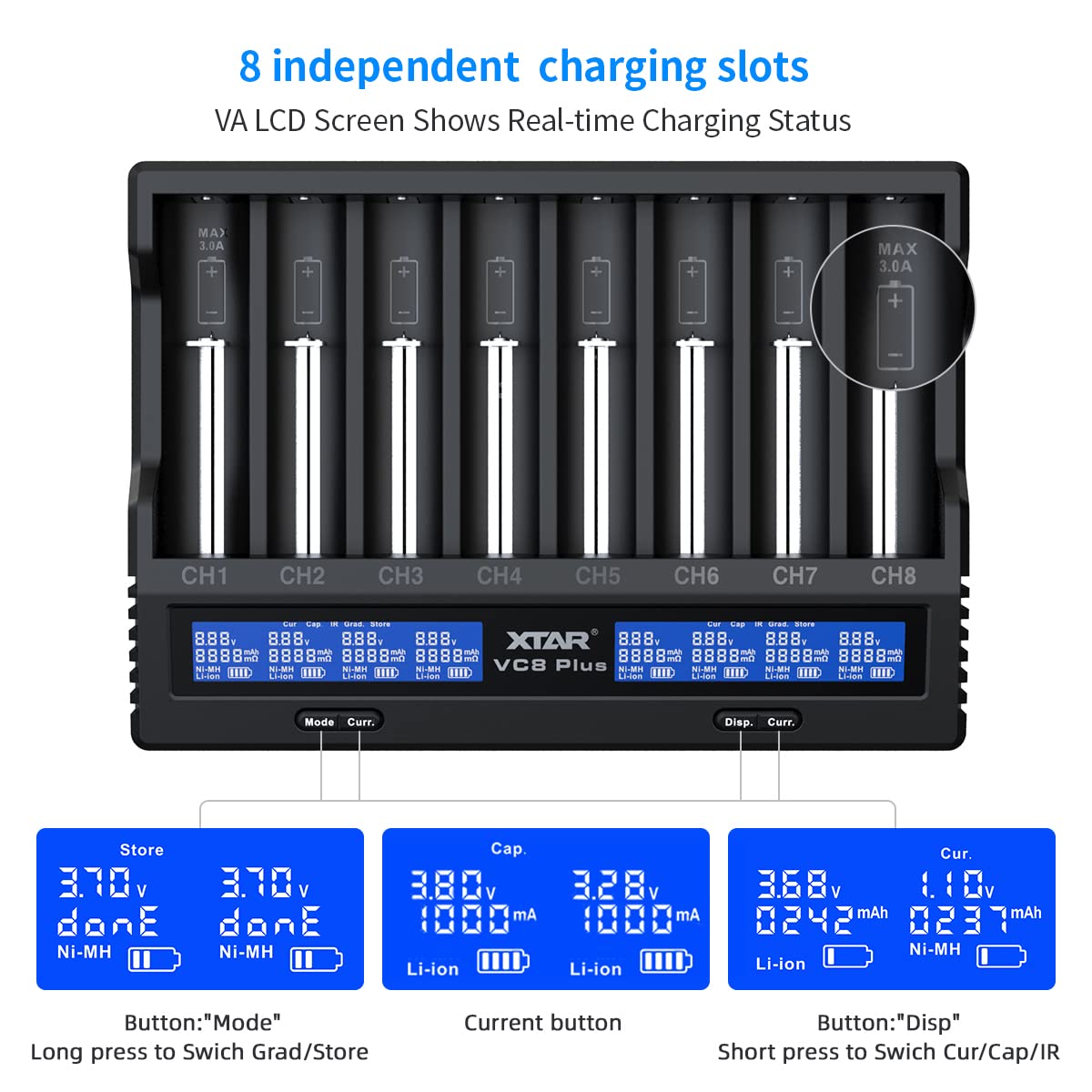 XTAR VC8 Plus Fast LCD Display Rechargeable Battery Charger with DC36W Adapter max 3A 1 Slots/8 Slots 1A Fast Charge 10400 14500 18650 20700 21700 26650 or 1.2V Ni-MH Ni-Cd AA AAA