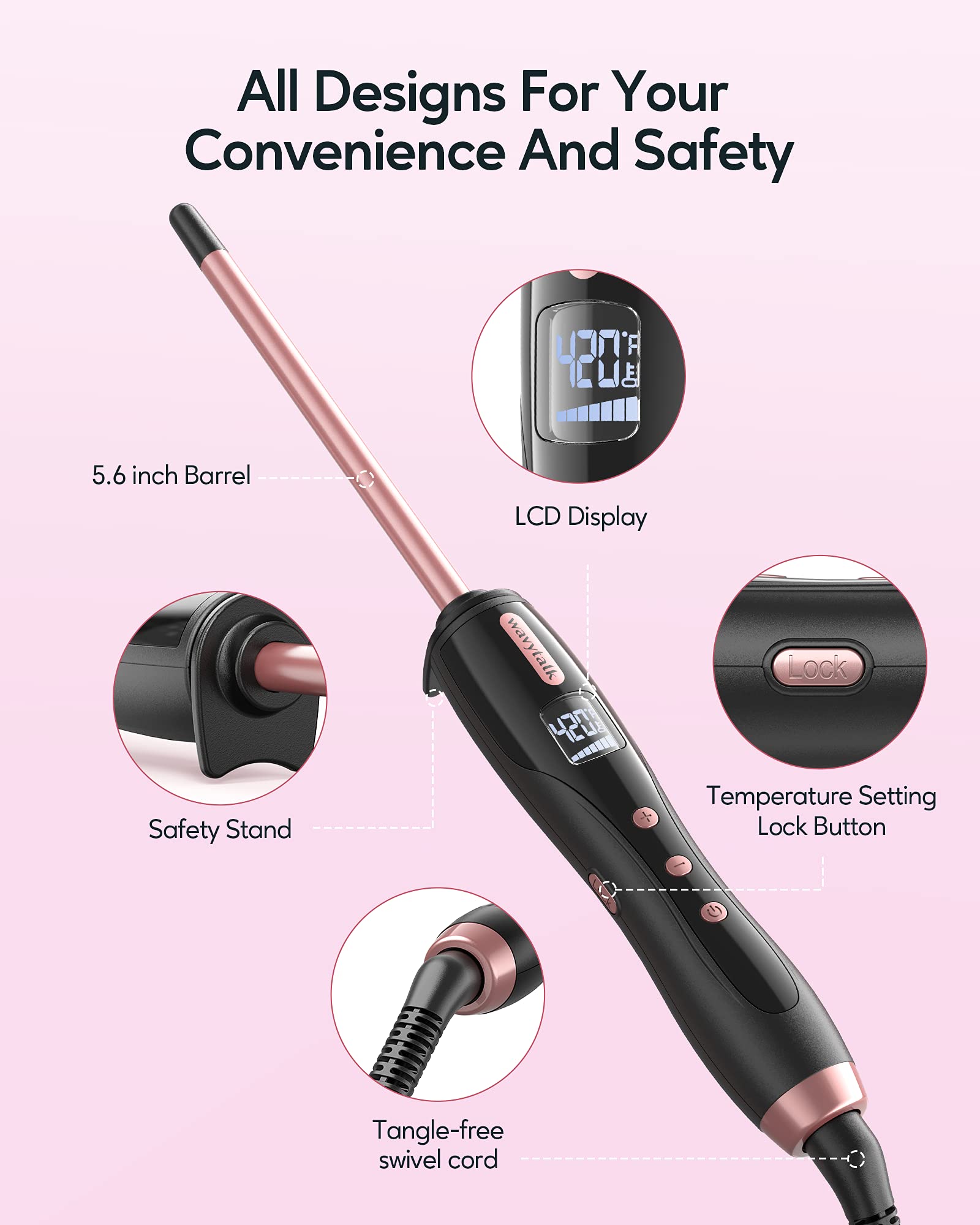 Wavytalk 3/8 Inch Small Curling Iron, Small Curling Iron Wand for Short & Long Hair, Ceramic Small Barrel Curling Iron with Adjustable Temperature, Include Heat Resistant Glove (Rose Pink)