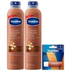 vaseline cocoa radiant spray 2-pack for dry skin + vaseline lip therapy cocoa butter lip balm (3 piece set)