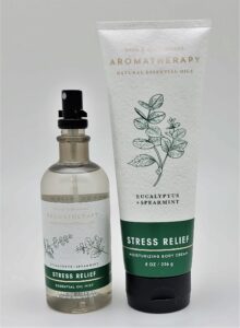 bath & body works - aromatherapy - eucalyptus spearmint – stress relief - 2 pc bundle - essential oil mist- 5.3 fl oz - & body cream - 8 oz