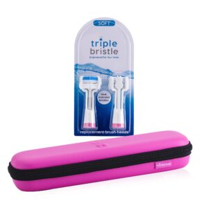 triple bristle toothbrush travel case & replacement brush heads (pink) bundle