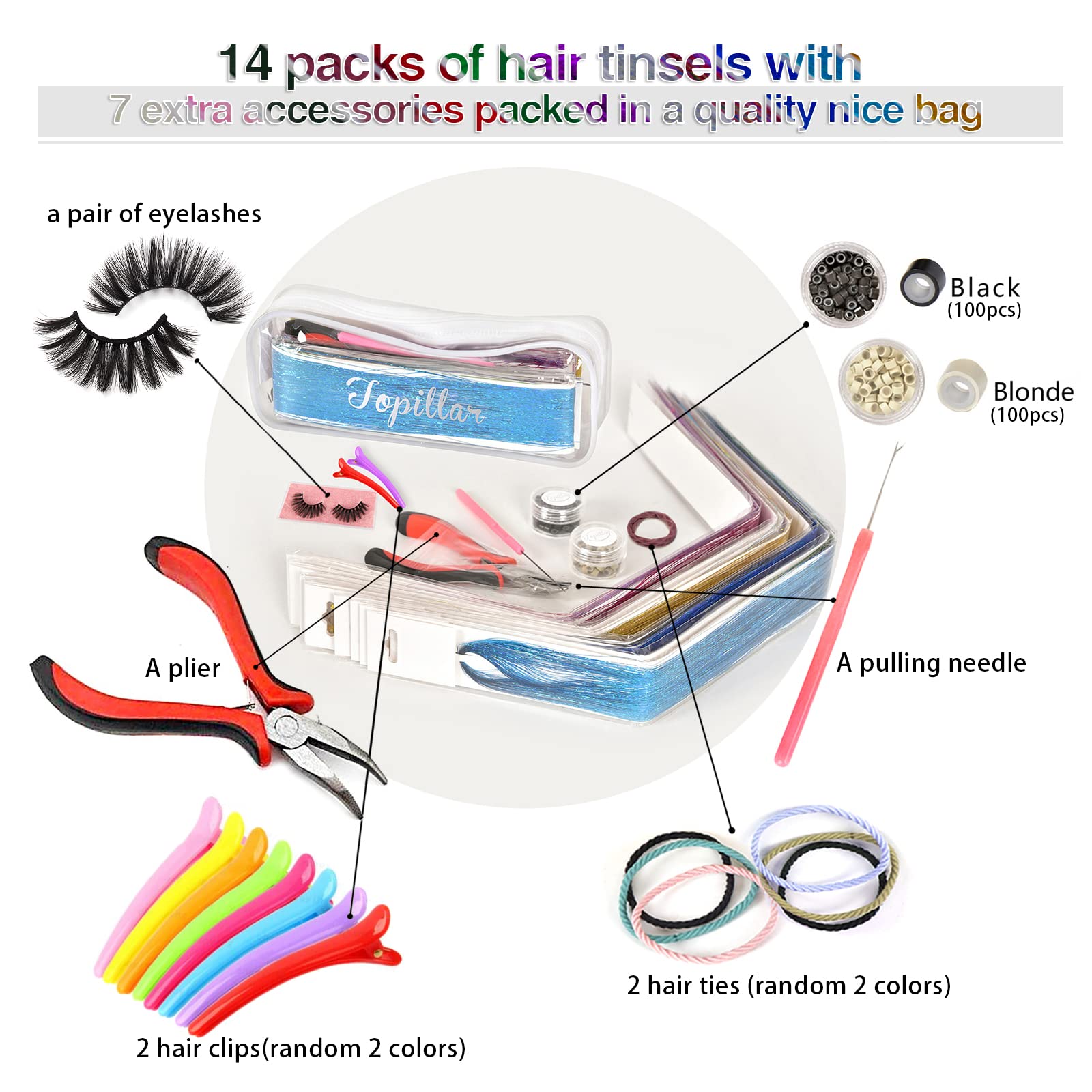 Hair Tinsel Kit, Tinsel Hair Extensions, 14 Colors Glittery Fairy Tensile Hair Heat Risitant with Tools for Women Girls(Plier+Pulling Needle+100 Dark Beads+100 Blonde Beads)