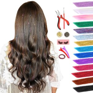 hair tinsel kit, tinsel hair extensions, 14 colors glittery fairy tensile hair heat risitant with tools for women girls(plier+pulling needle+100 dark beads+100 blonde beads)