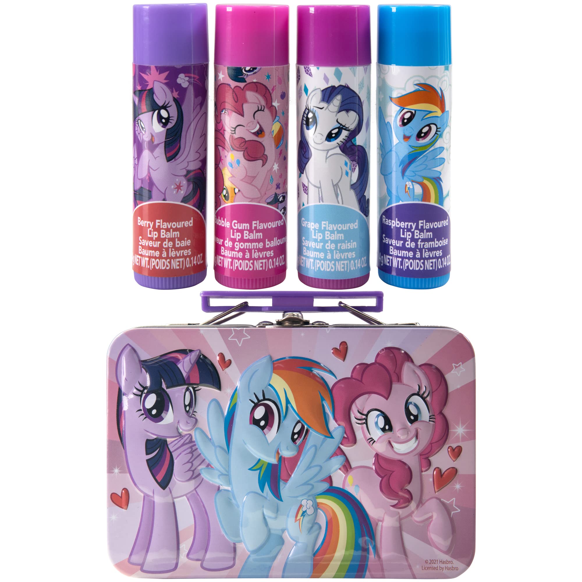 My Little Pony 4 Pack Vegan Lip Balm with Collectible Tin Case for Girls, Ages 3+