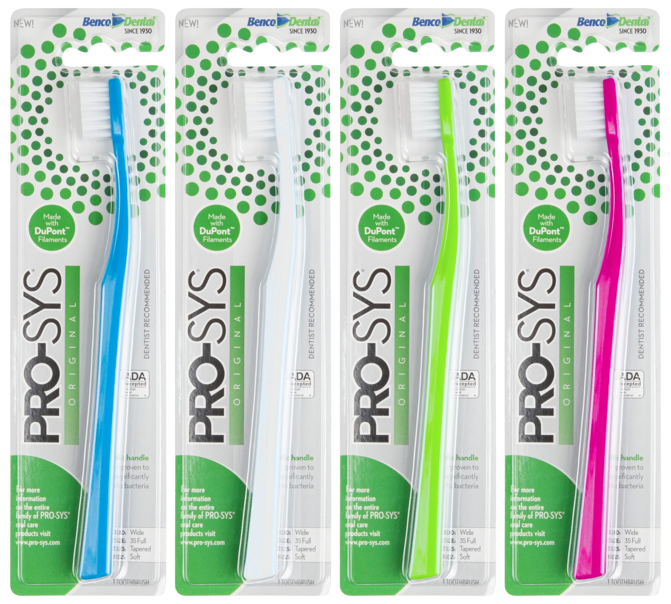 PRO-SYS® Soft Toothbrush for Adult with Sensitive Teeth & Gums, ADA Accepted, with 35-Tuft Wide Dupont® Tynex® Bristles, Pack of 4