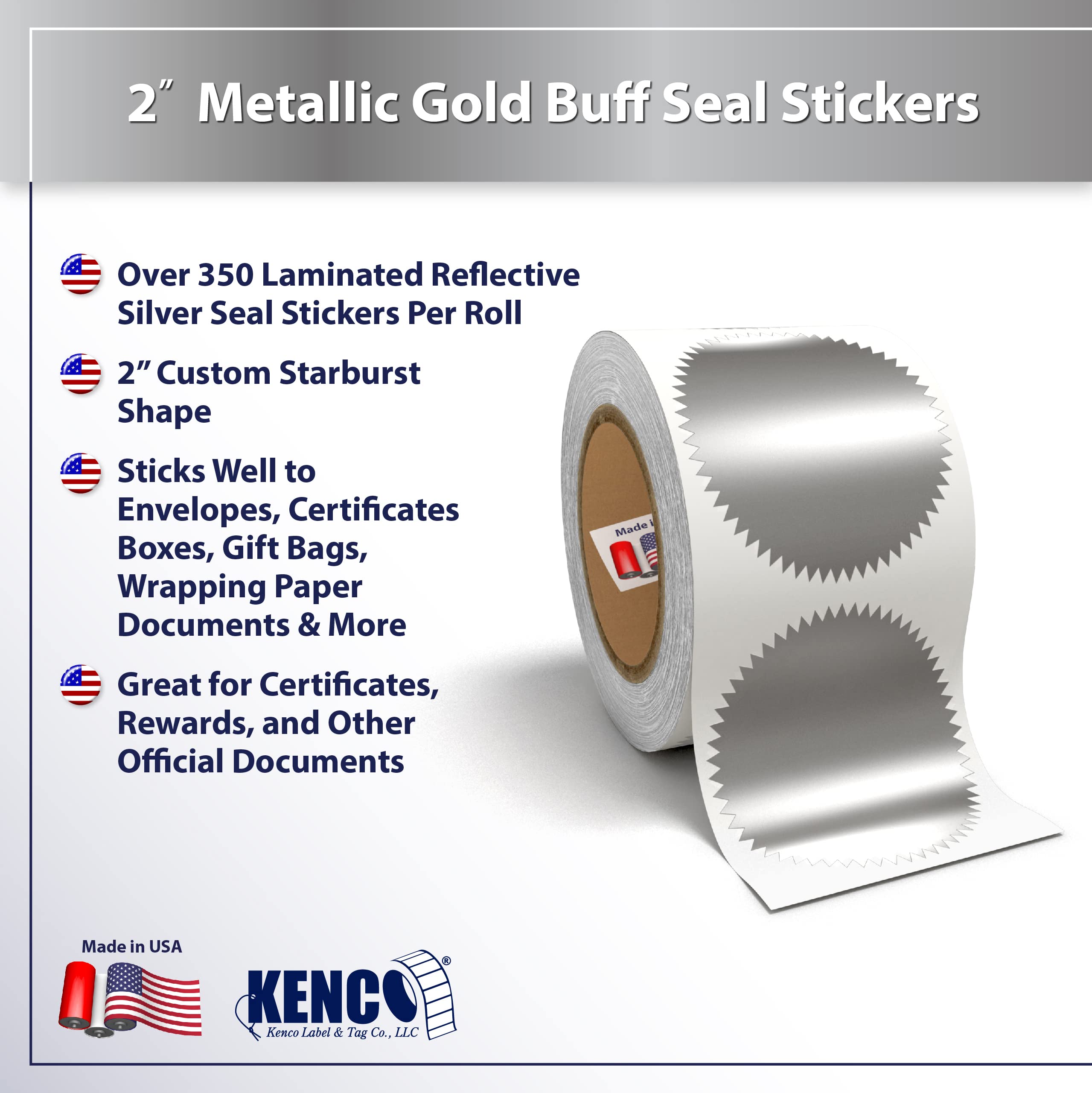 Kenco Gold Metallic 2” Serrated Edge Sealing Stickers – for Sealing, Awards, Embossing, Certificates, and Envelopes Made in The USA (Gold)