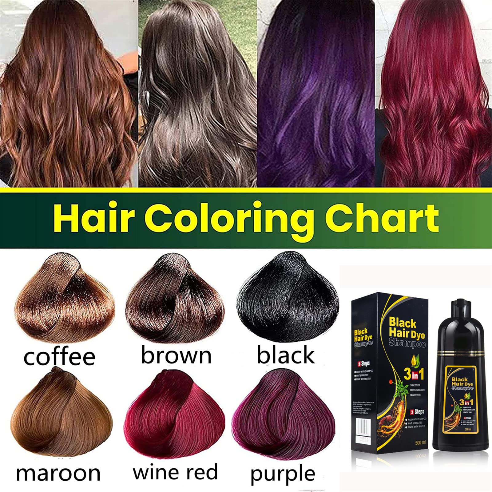 Baguri black hair dye shampoo 3 in 1 women ,herbal hair dye shampoo 3 in 1,10 mins herbal hair darkening shampoo,500ml natural 10 mins herbal hair darkening shampoo (Black)