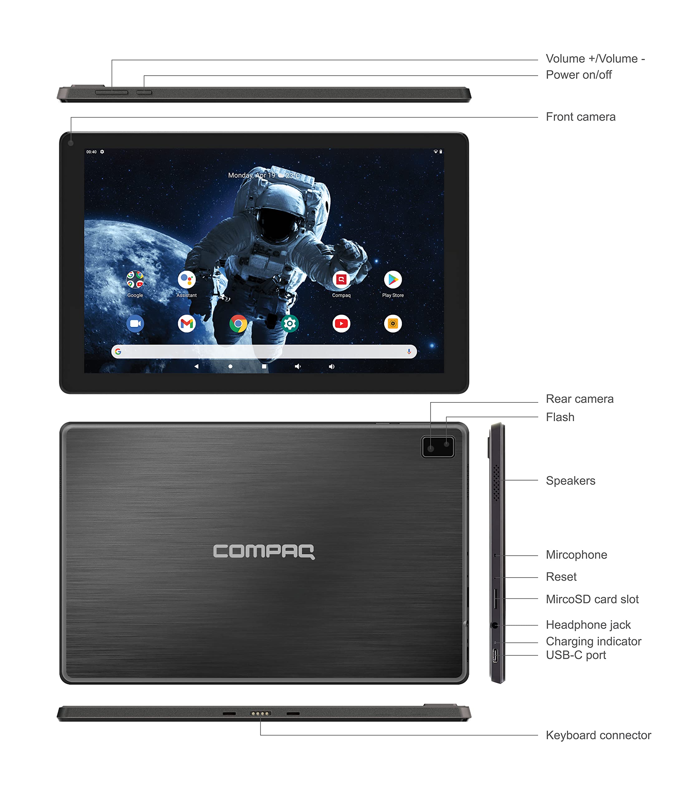 Compaq 10'' 2 in 1 Android 11 Tablet 64GB Storage, 4GB RAM (Brushed Onyx), CT201