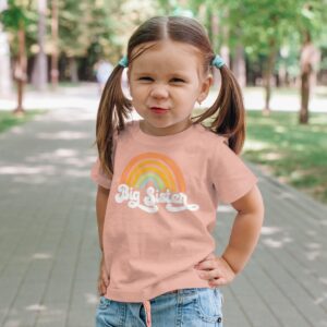 Retro Rainbow Big Sister Sibling Reveal Announcement Shirt for Baby and Toddler Girls Sibling Outfits White on Peach Shirt 3T