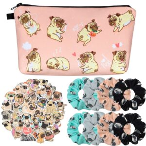 8 pieces pug dog hair scrunchies with funny pug dogs makeup bag and 50 pieces kawaii pug dog stickers, cotton rounds elastic hair bands girls hair accessories and cosmetic bags organizer for girls