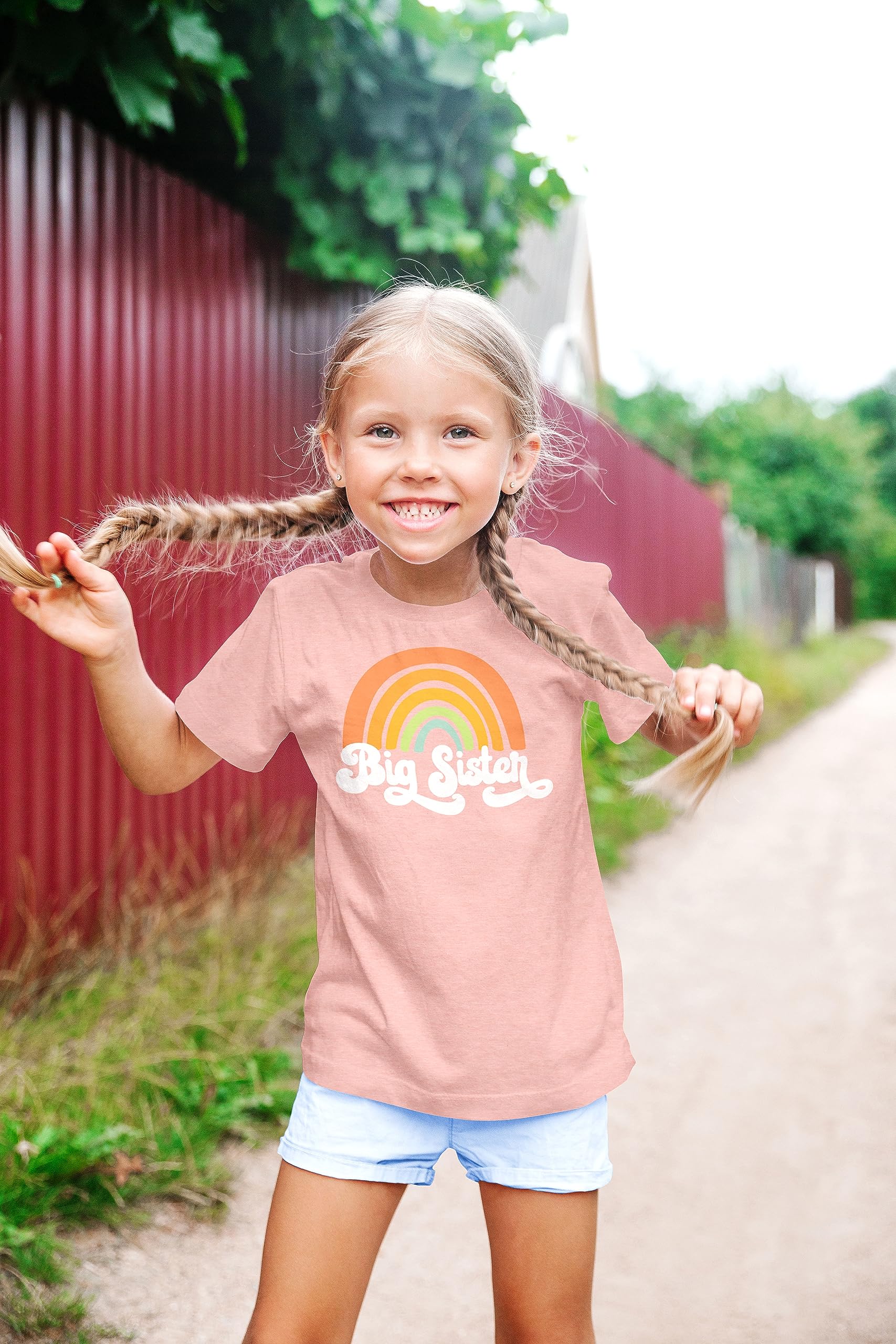 Retro Rainbow Big Sister Sibling Reveal Announcement Shirt for Baby and Toddler Girls Sibling Outfits White on Peach Shirt 3T