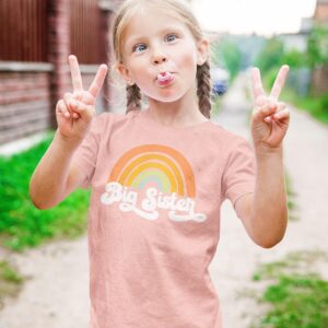 Retro Rainbow Big Sister Sibling Reveal Announcement Shirt for Baby and Toddler Girls Sibling Outfits White on Peach Shirt 3T