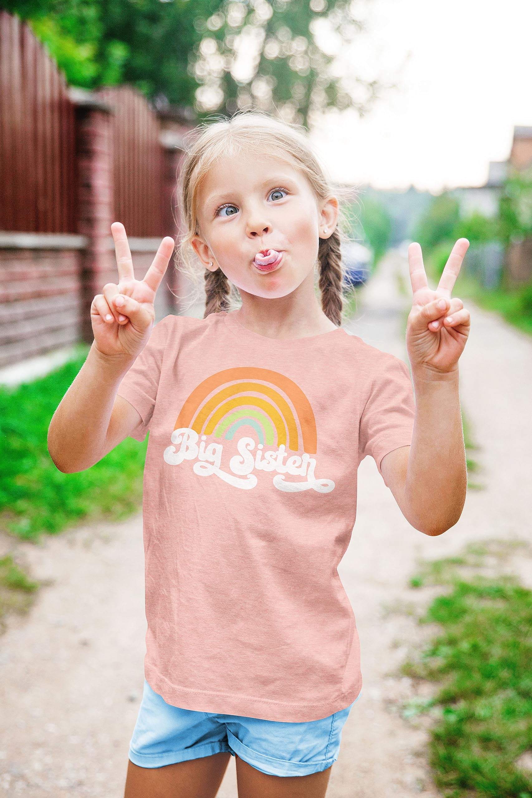 Retro Rainbow Big Sister Sibling Reveal Announcement Shirt for Baby and Toddler Girls Sibling Outfits White on Peach Shirt 3T